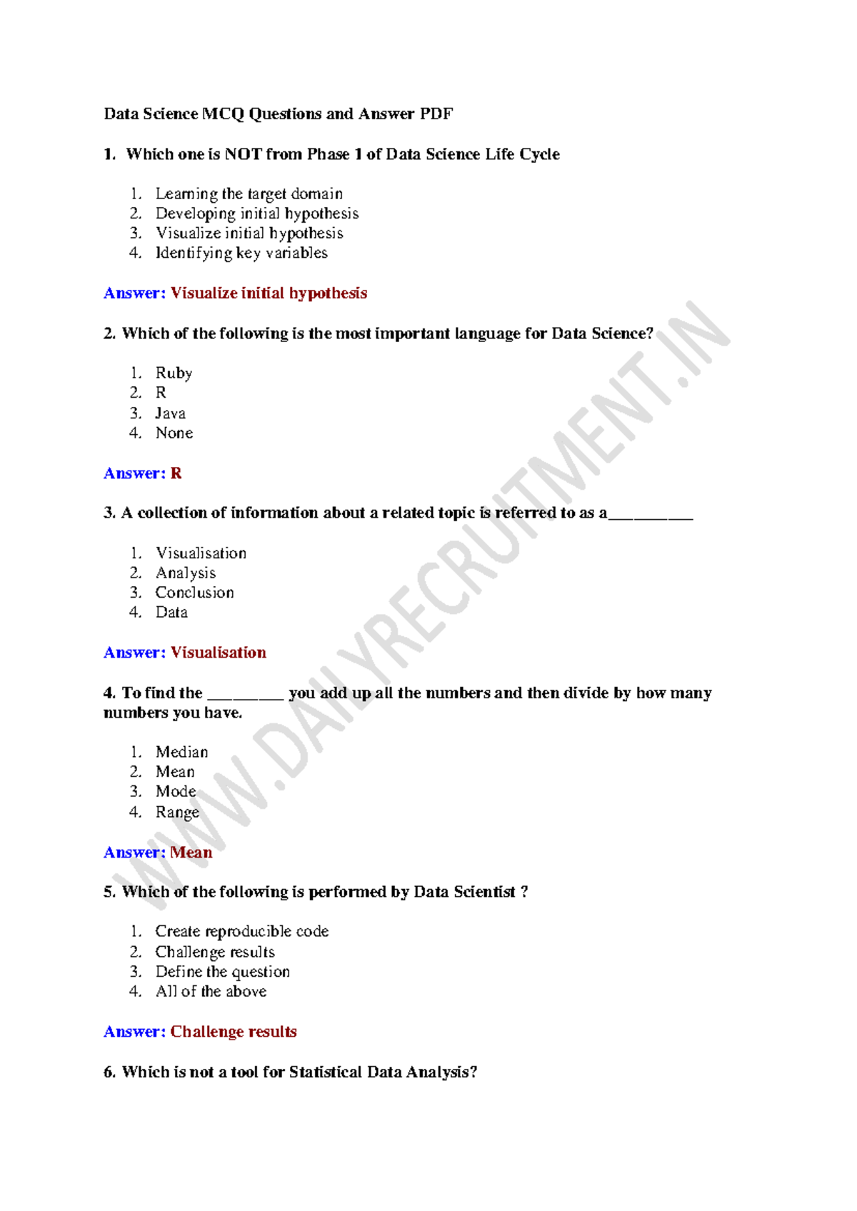 Data Science MCQs & Answers PDF for Exam Preparation - Studocu