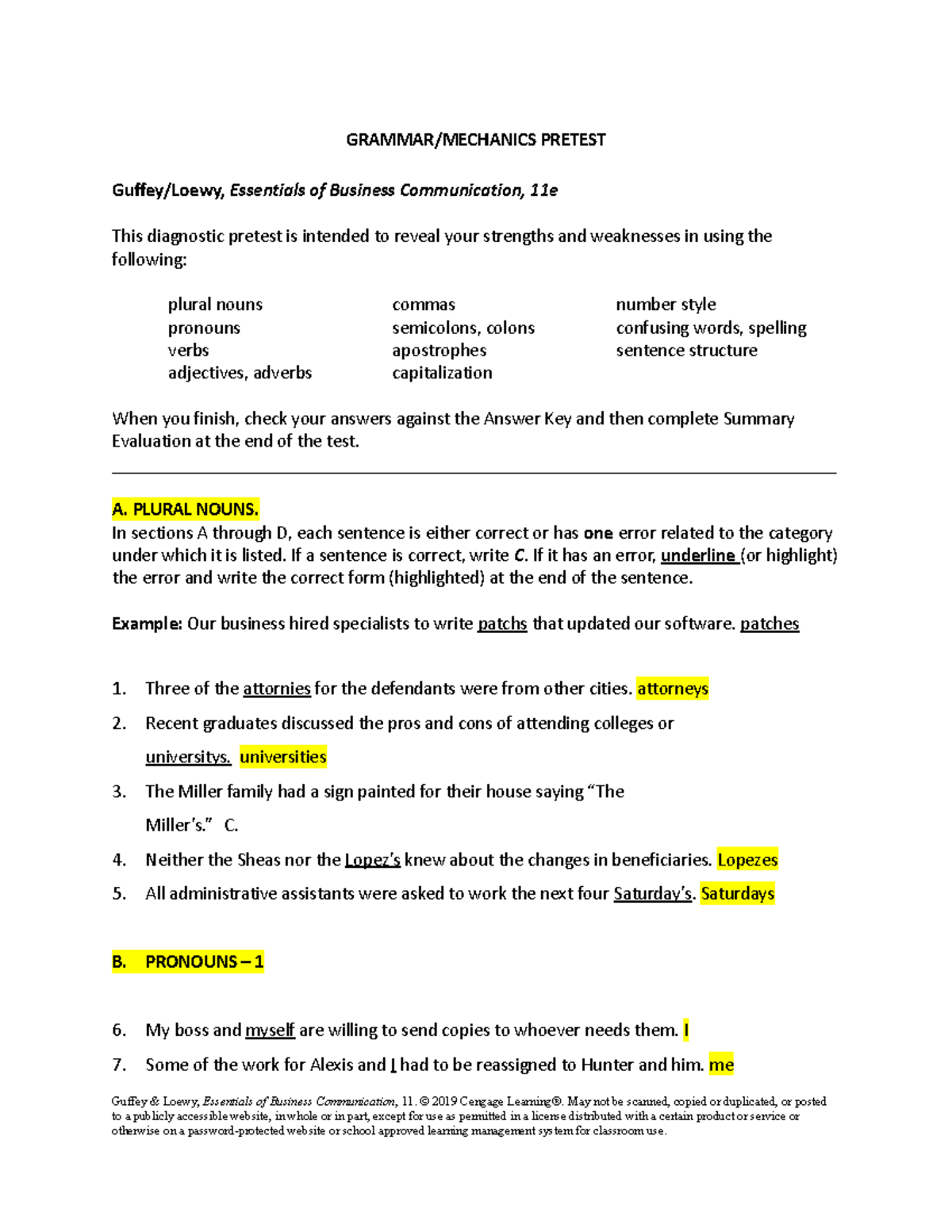 Grammar Mechanics Pretest Questions (BUS 101) for Diagnostic Evaluation ...