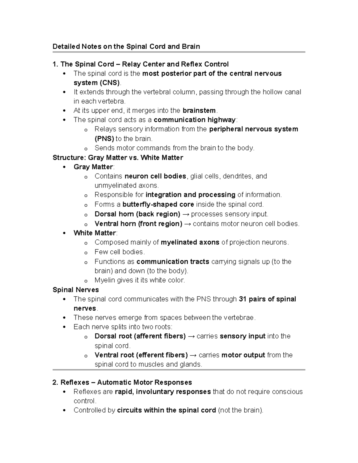 Spinal Cord and Reflexes: Detailed Notes on CNS Functions - Studocu