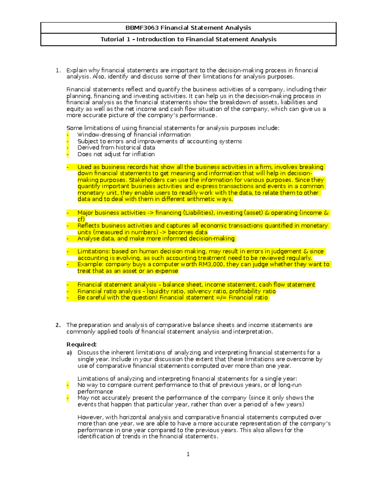 FSA-Tutorial 1: Introduction to Financial Statement Analysis - Studocu