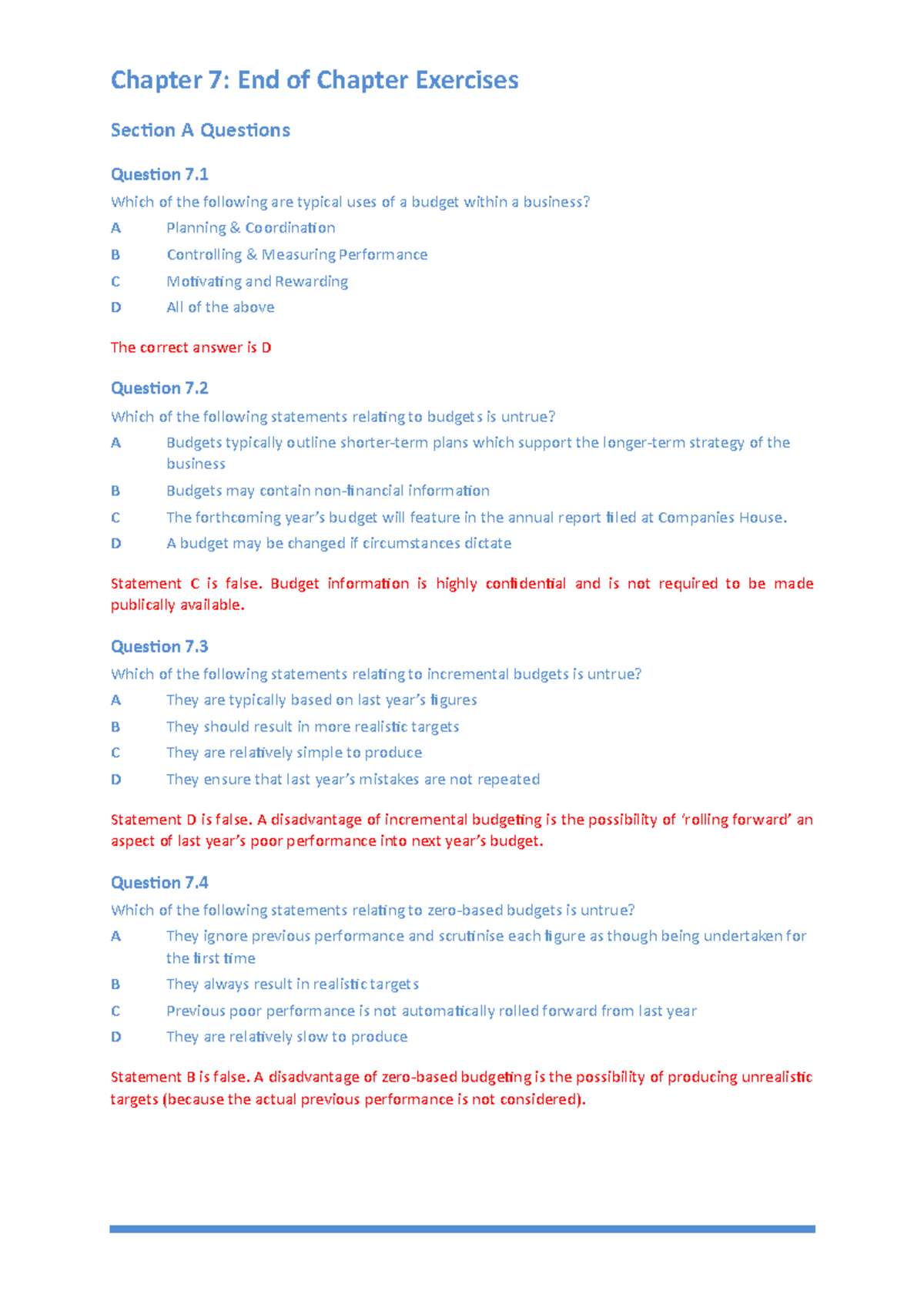 Budgeting exam for FFDM - Chapter 7: End of Chapter Exercises Section A ...