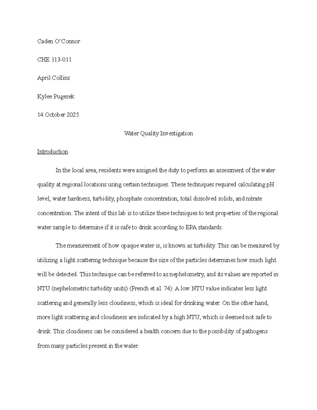 CHE 113 Experiment 13: Water Quality Assessment Lab Report - Studocu