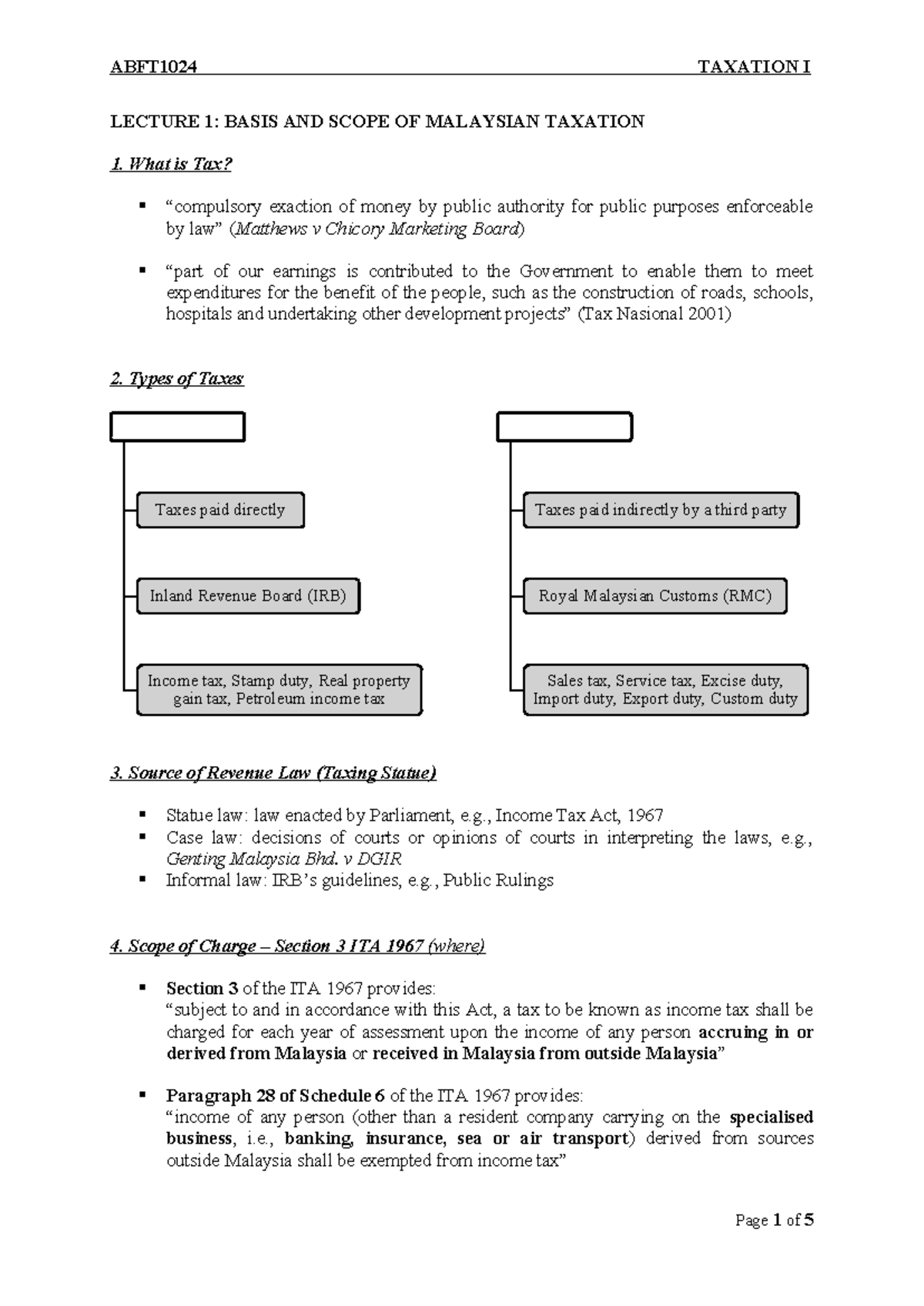 ABFT1024 L1 LTY - Tax - LECTURE 1: BASIS AND SCOPE OF MALAYSIAN ...