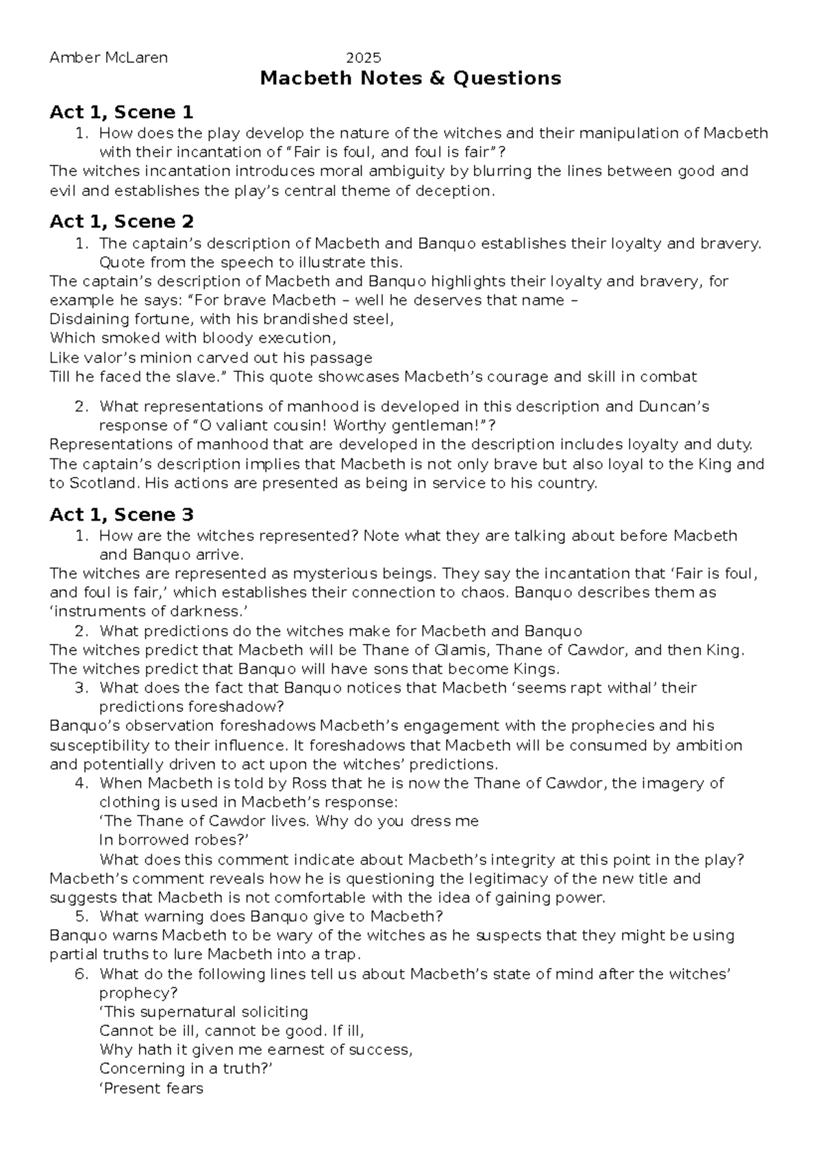 Macbeth (ENG 2025) Study Notes: Key Questions & Analysis of Acts 1-5 ...