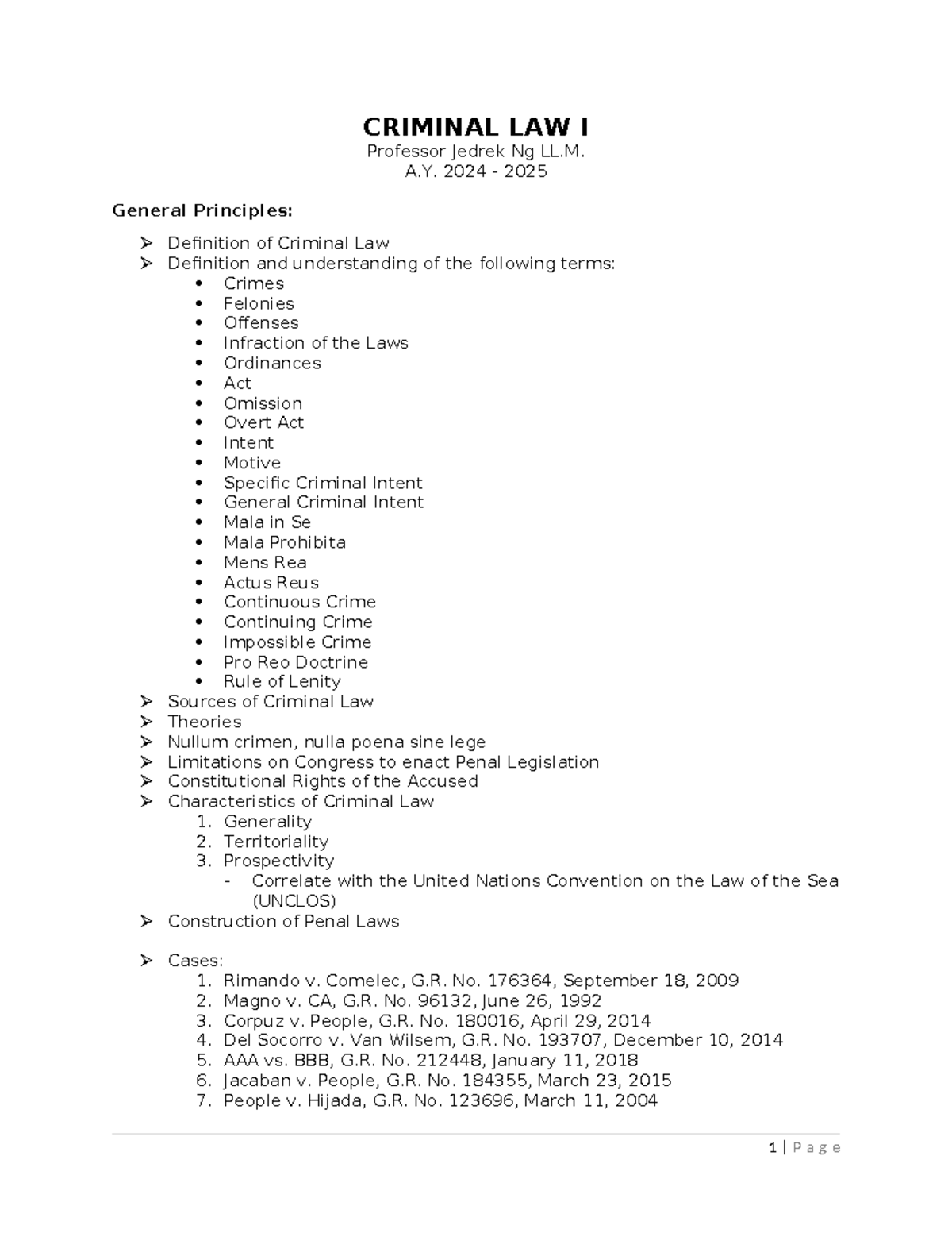 CRIMINAL LAW I (CRIM 1) Syllabus Overview for A.Y. 2024-2025 - Studocu