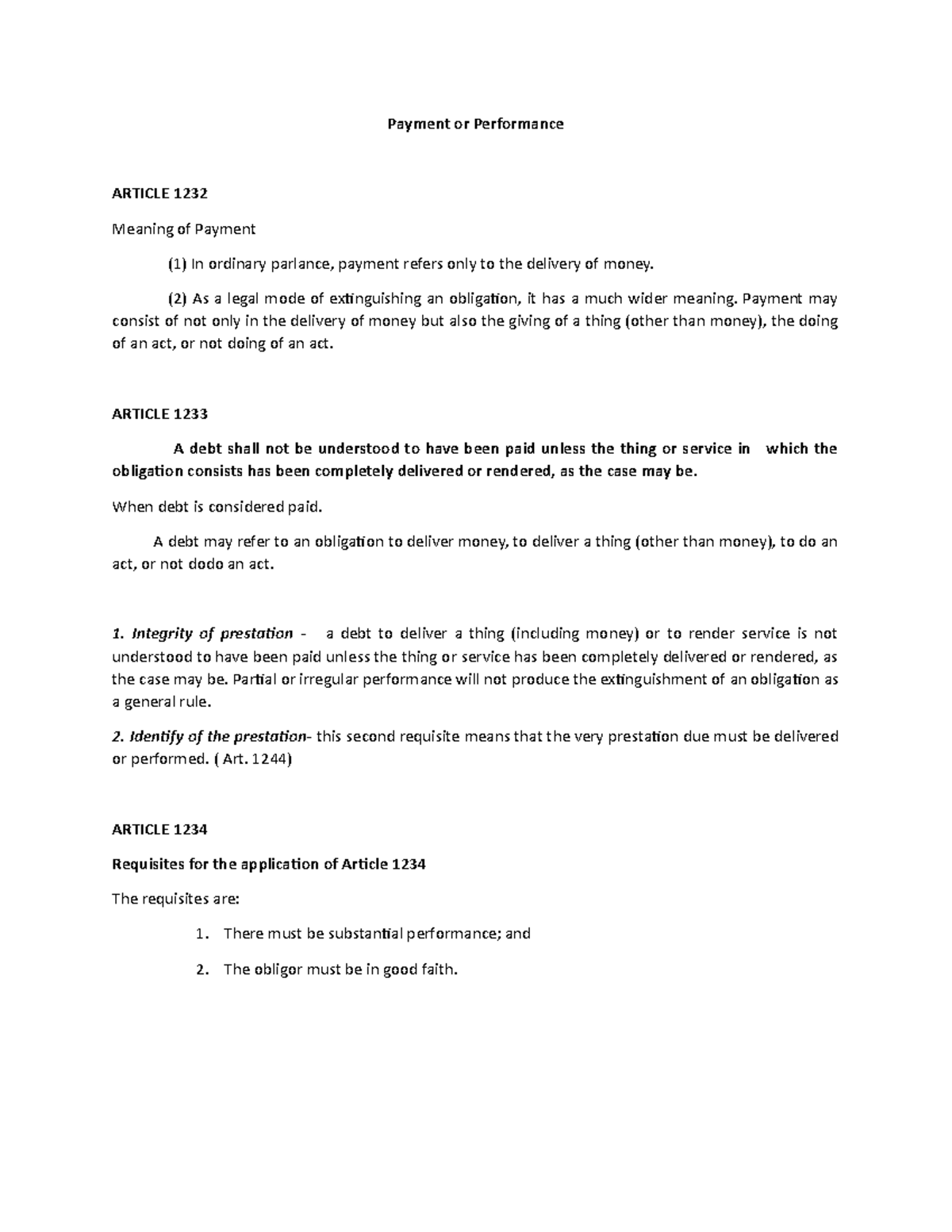 Payment or Performance: Understanding Articles 1232-1259 in Law - Studocu