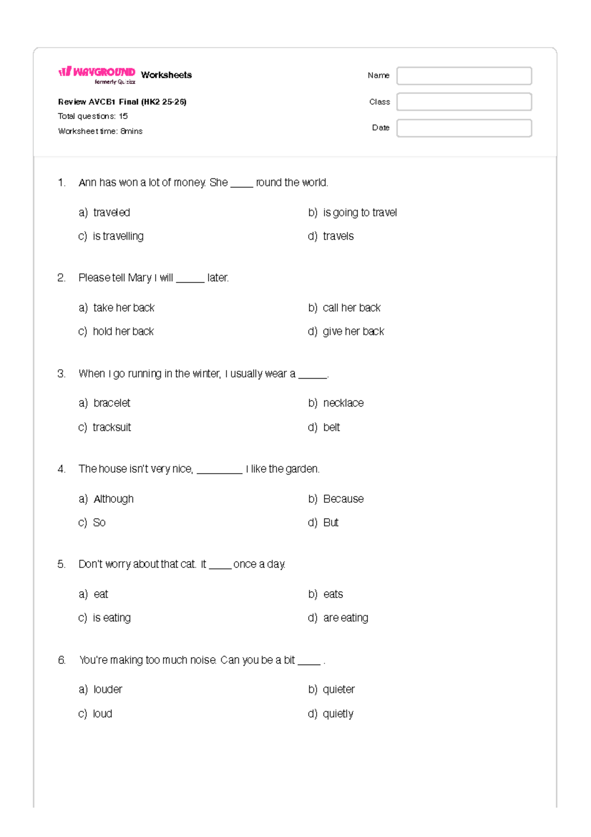 AVCB1 Final Worksheet Review - HK2 Class (15 Questions) - Studocu