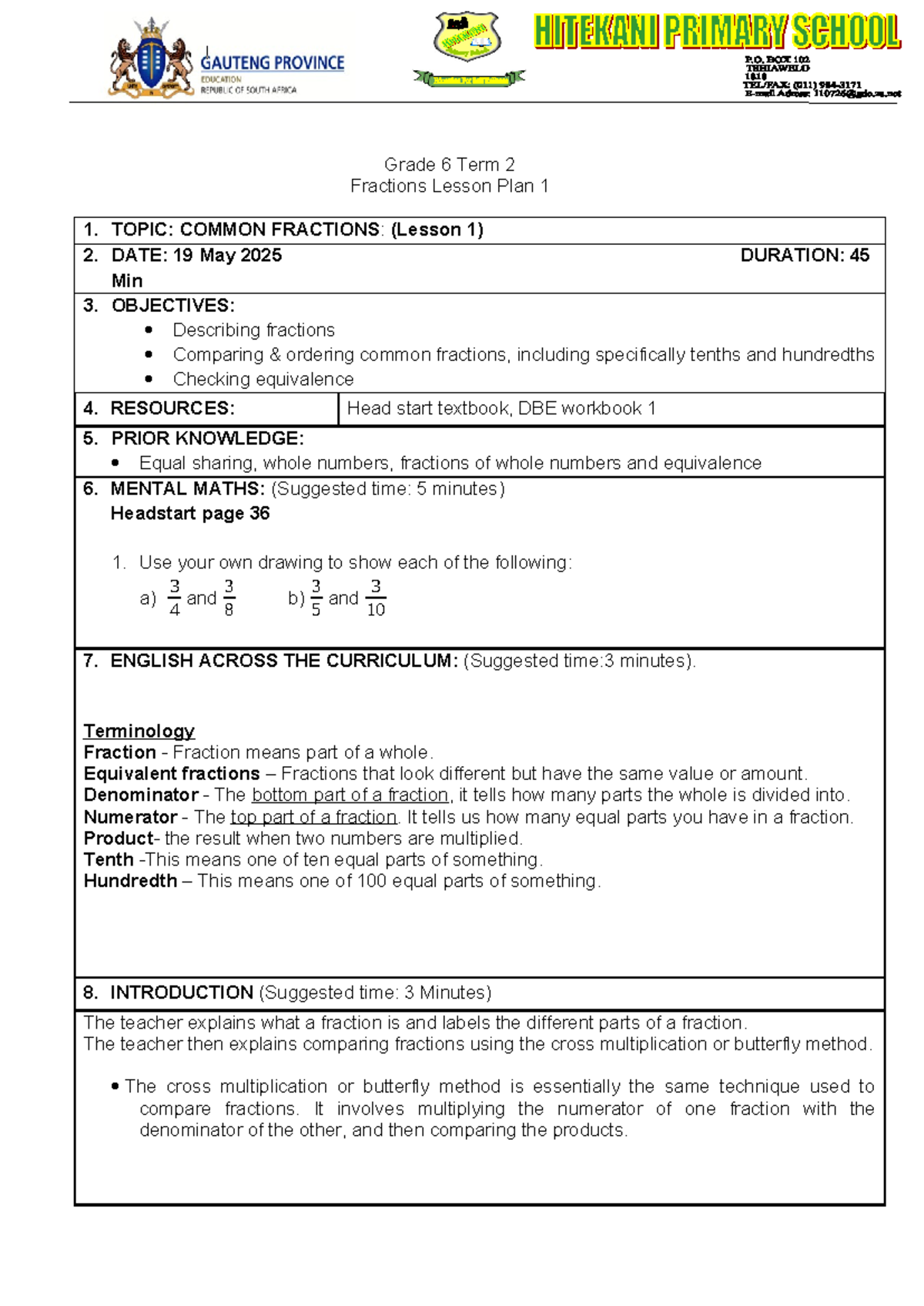 Grade 6 Term 2 Fractions Lesson Plan: Common Fractions (Lesson 1) - Studocu