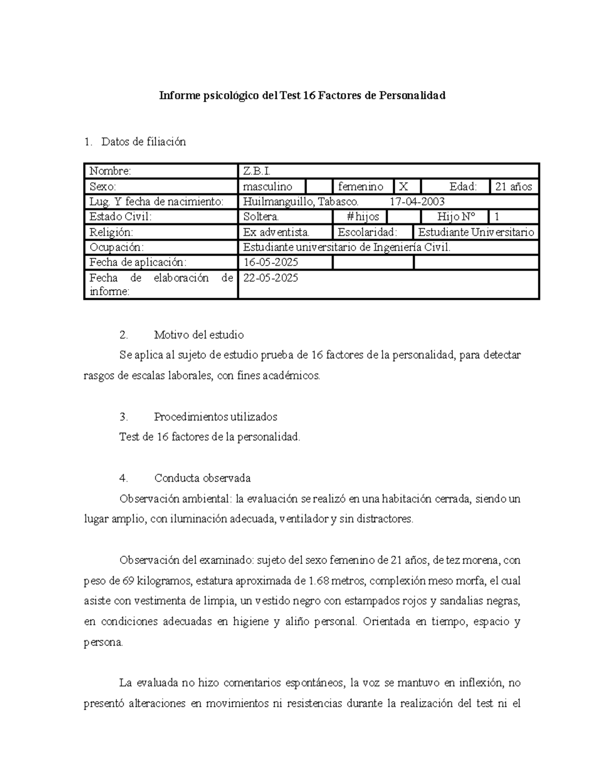 Informe Psicológico del Test 16 Factores de Personalidad (16 FP) - Studocu