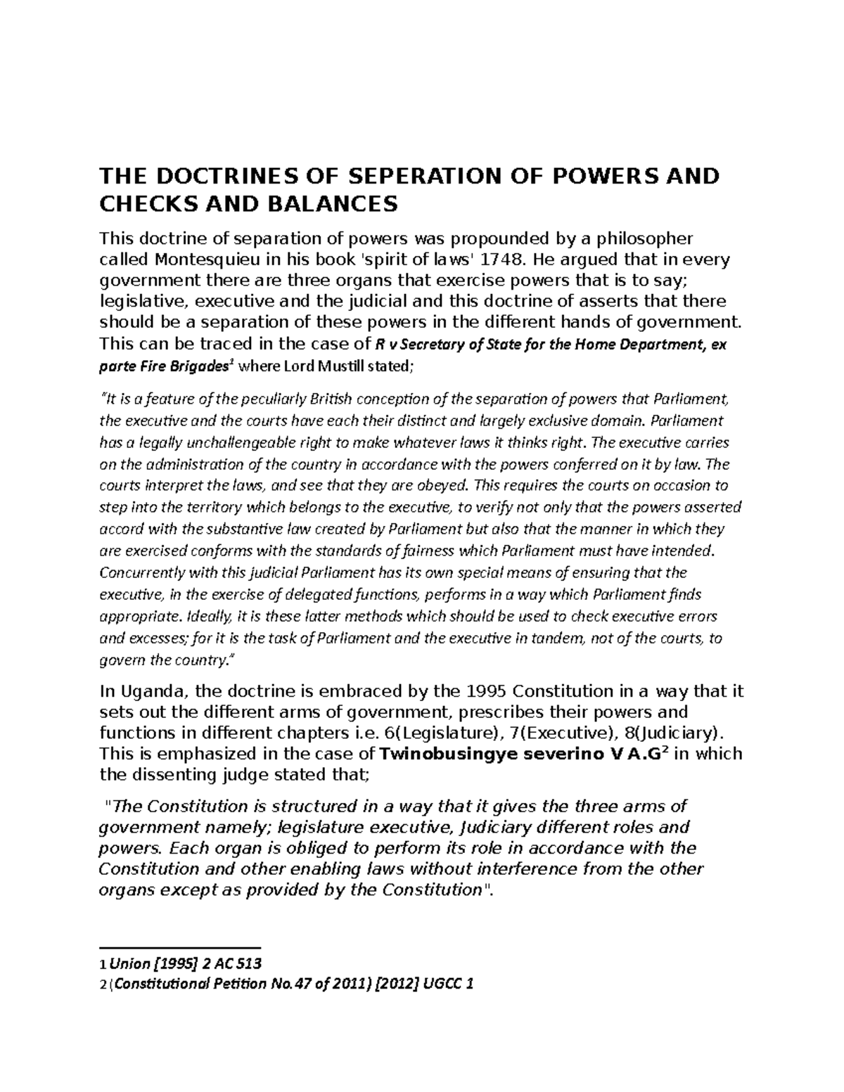 Separation OF Powers-1 - THE DOCTRINES OF SEPERATION OF POWERS AND ...