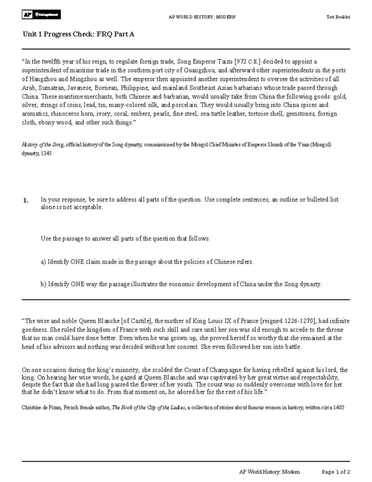 AP WORLD HISTORY: MODERN Unit 1 Progress Check FRQ Part A Analysis ...
