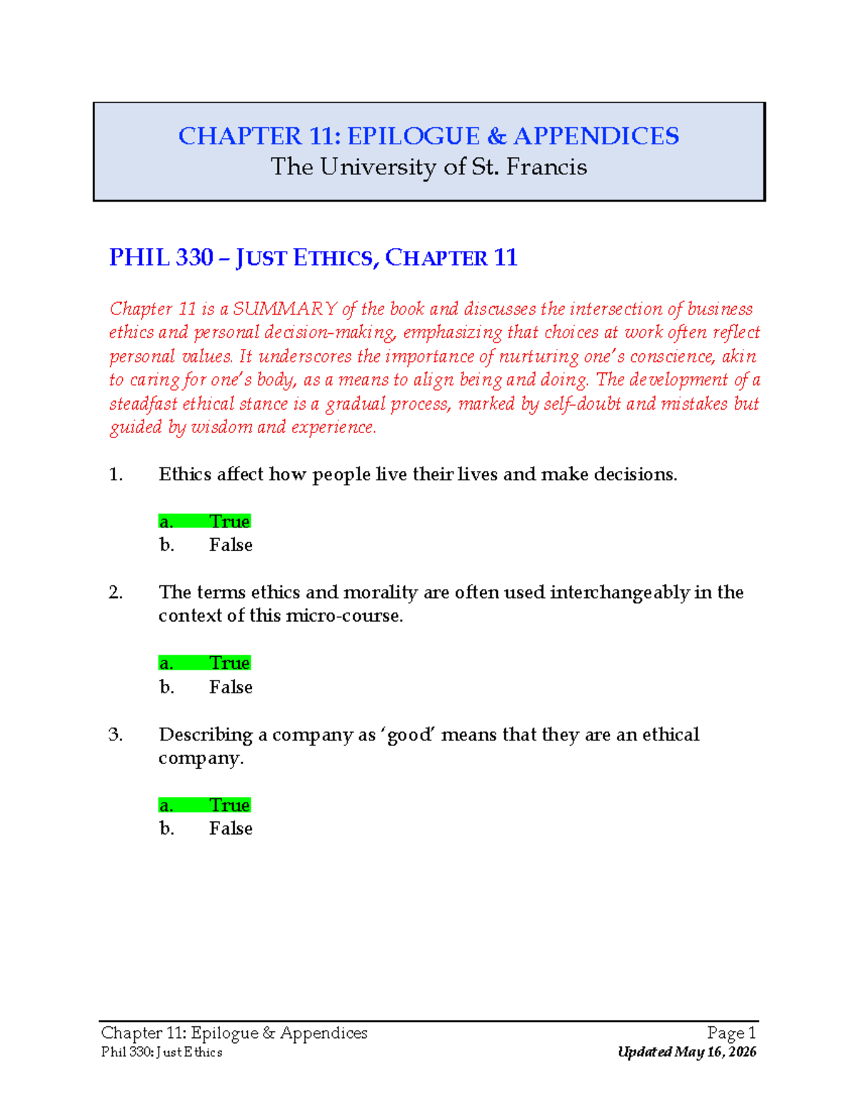 CHAPTER 11 SUMMARY: ETHICS IN BUSINESS - PHIL 330 - Studocu