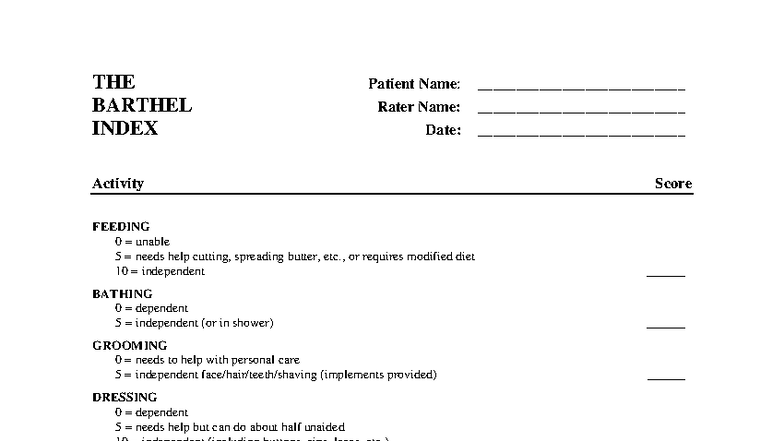 Barthel Index Assessment Tool for Patient Care Evaluation - Studocu
