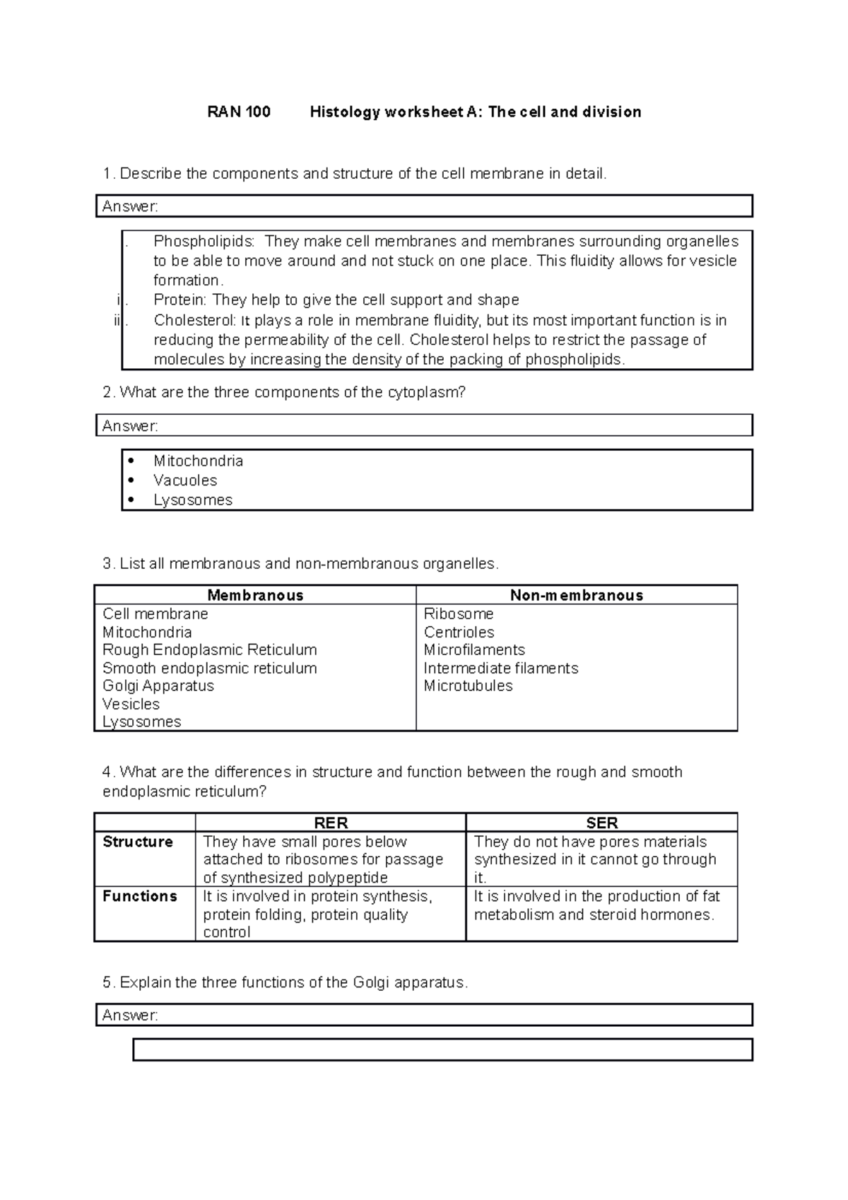 RAN 100 Histology Worksheet A: Cell Structure and Functions Answers ...