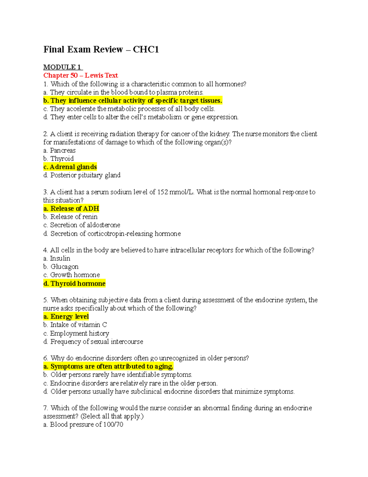 Final Exam Review CHC1: Endocrine System Concepts and Case Studies ...