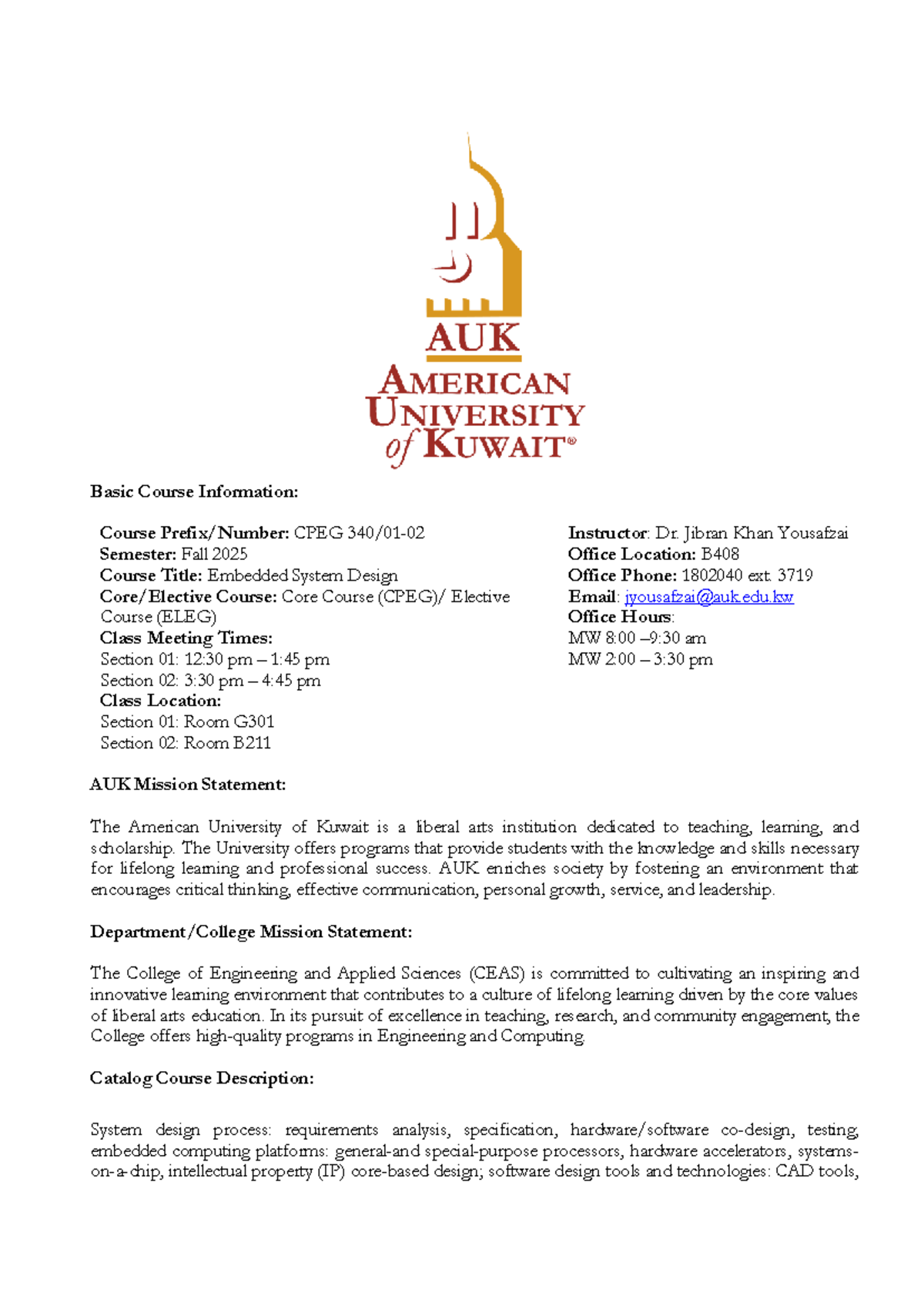 CPEG 340 [Fall 2025] - Embedded System Design Course Syllabus - Studocu