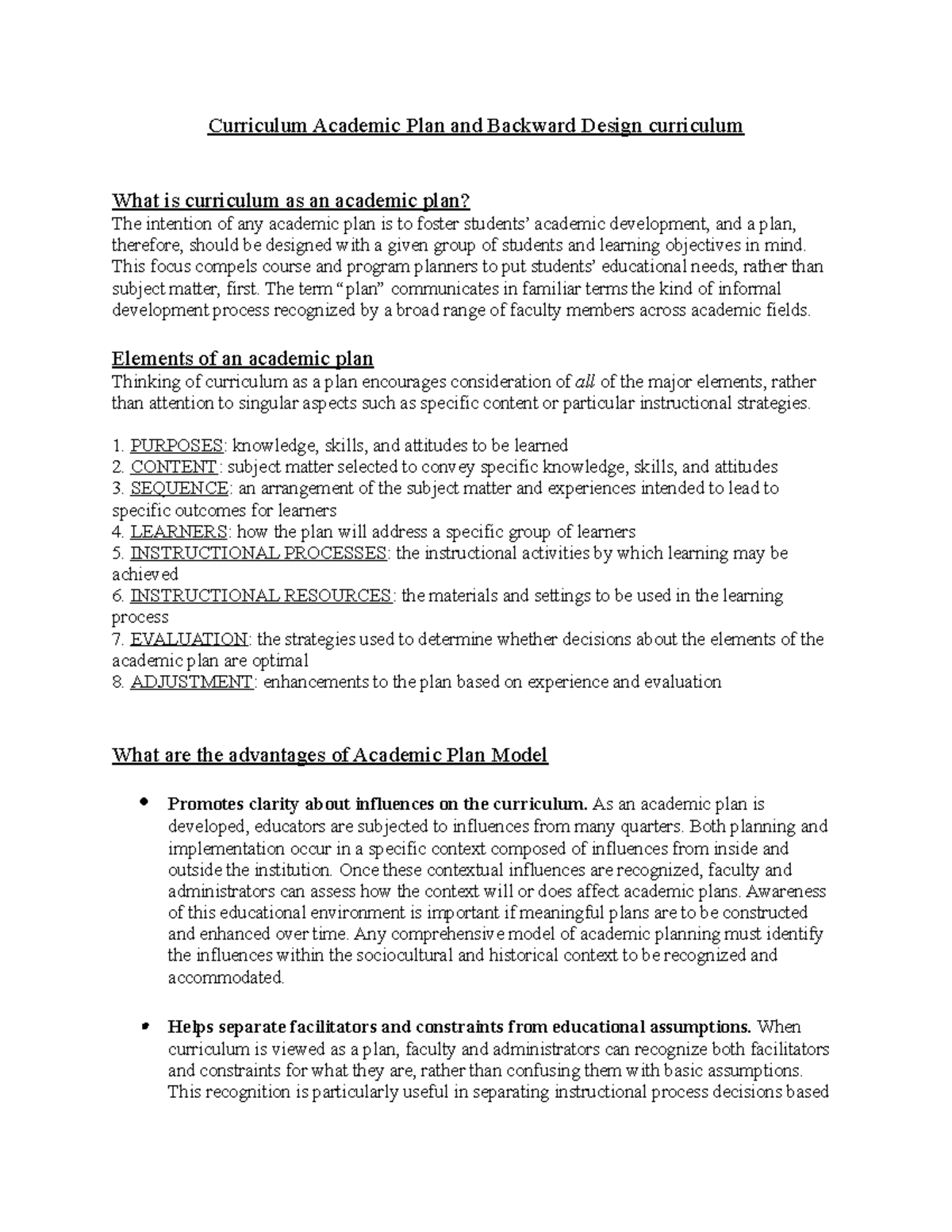 Curriculum Academic Plan and Backward Design curriculum - This focus ...