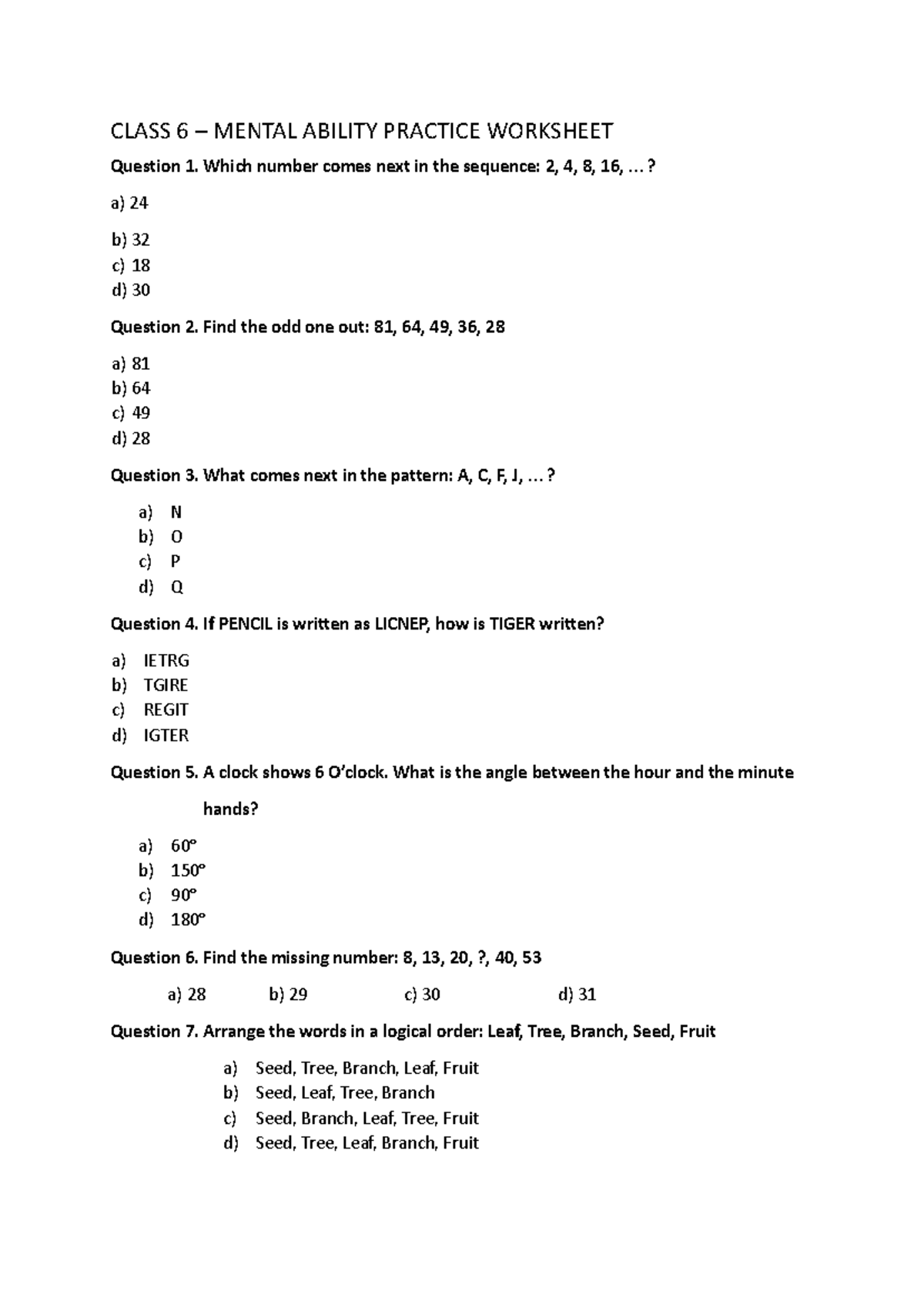 CLASS 6 MENTAL ABILITY PRACTICE WORKSHEET - Studocu
