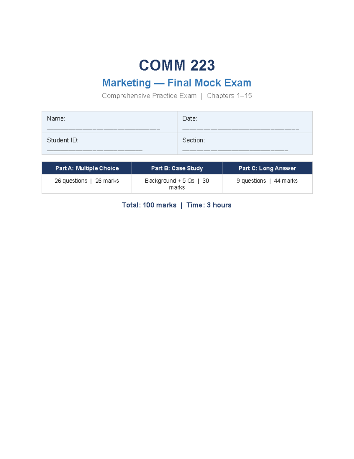 COMM 223 Marketing Final Mock Exam Comprehensive Practice Guide - Studocu