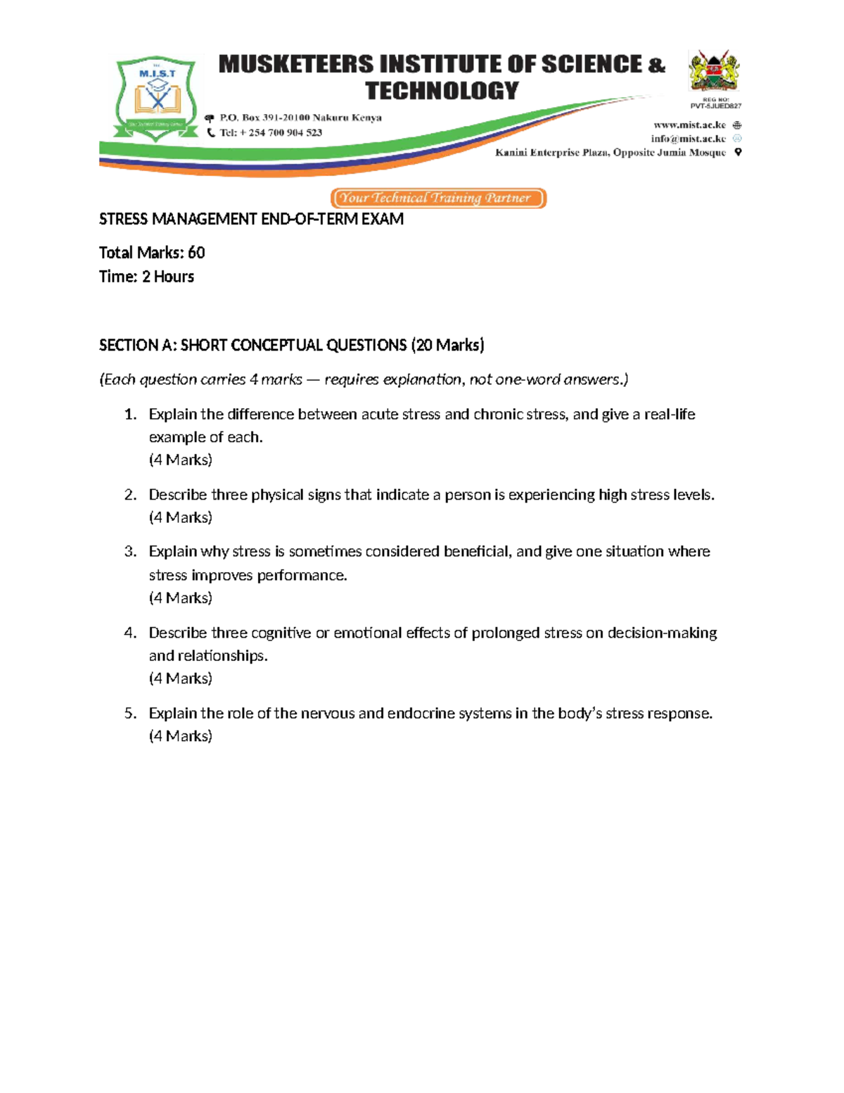 STRESS MANAGEMENT END-OF-TERM EXAM - Total Marks: 60 - Studocu