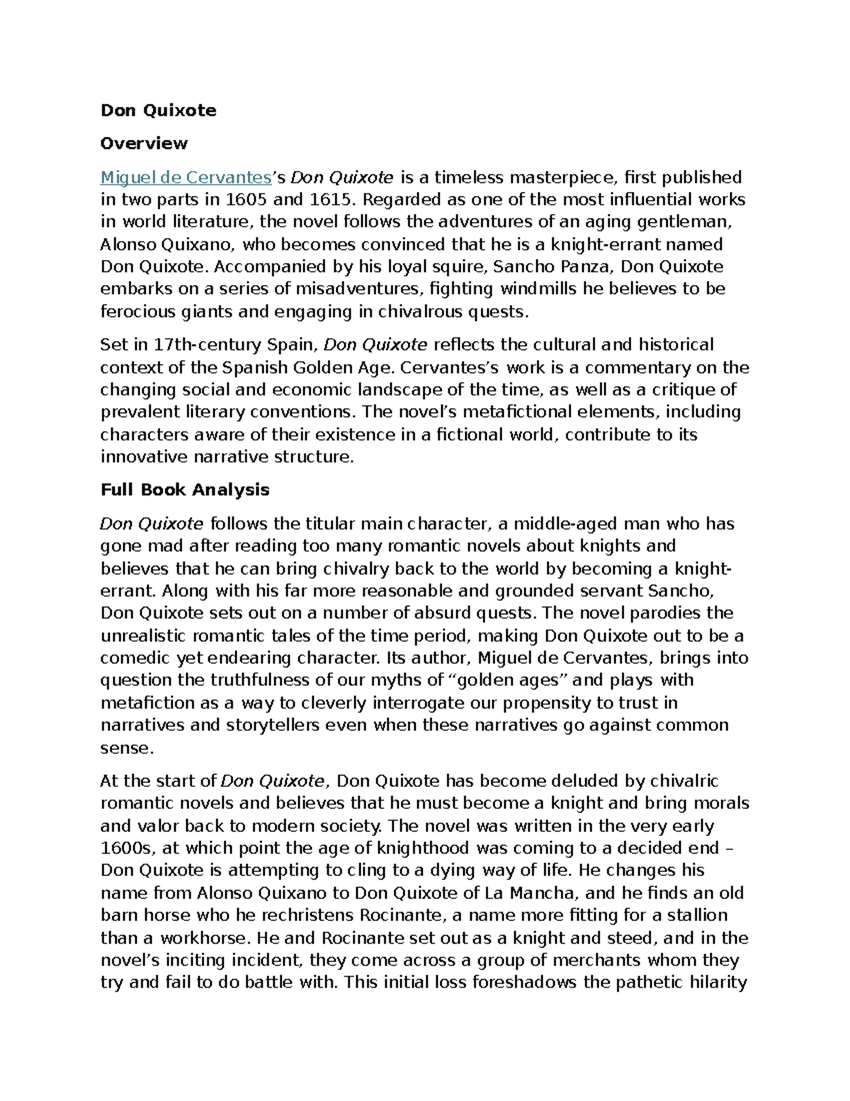 Don Quixote (ENG 101) - Comprehensive Overview and Analysis Notes - Studocu