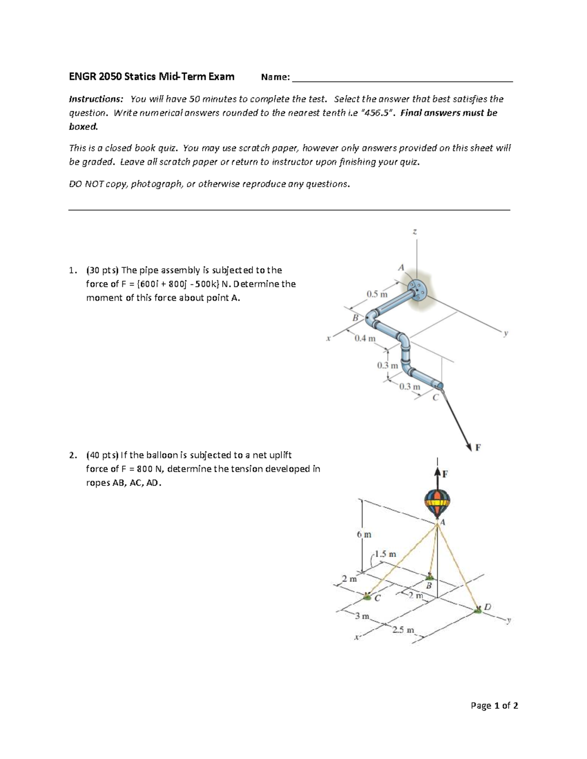 Engr 2050 statics quiz 2: exam instructions and questions - Studocu