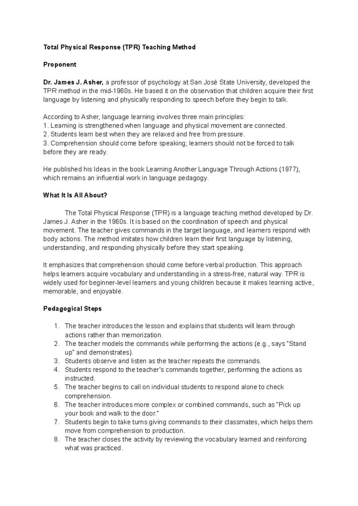 TPR Teaching Method Overview: Insights from Dr. James J. Asher - Studocu
