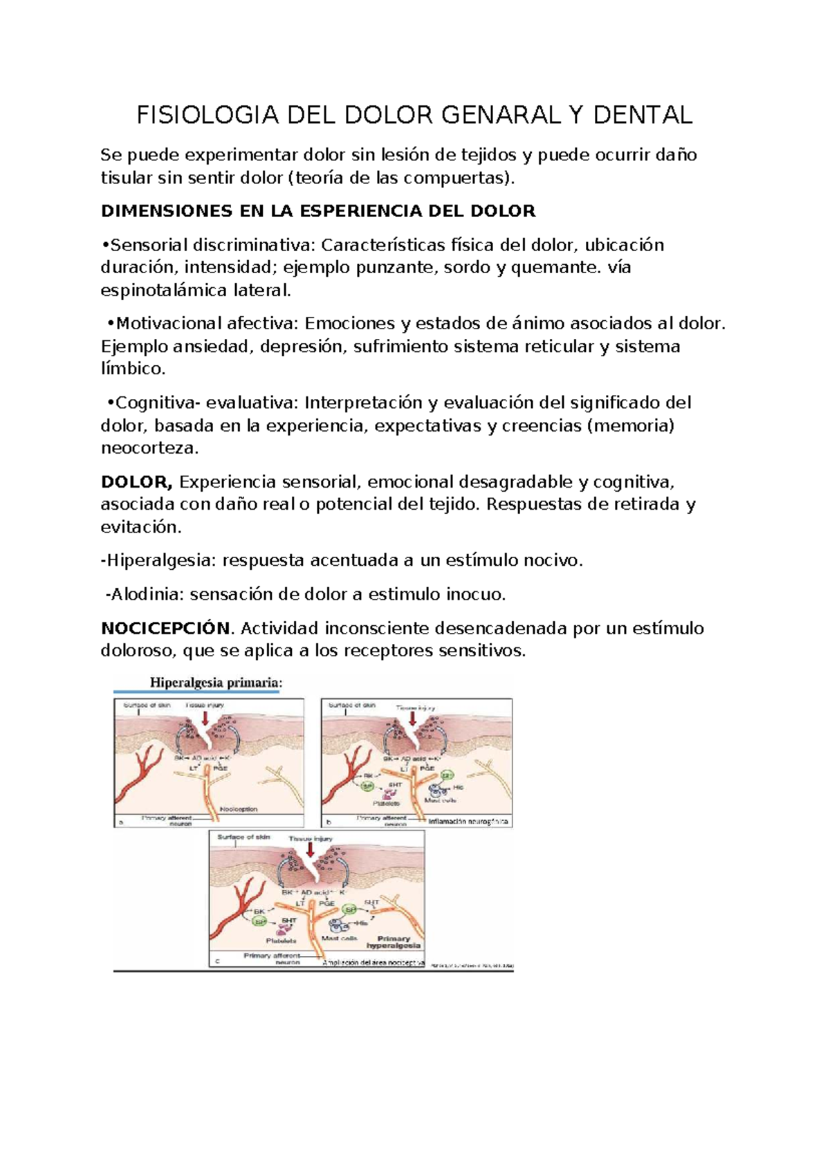 FISIOLOGÍA DEL DOLOR: Dimensiones y Teorías en Dolor General y Dental - Studocu