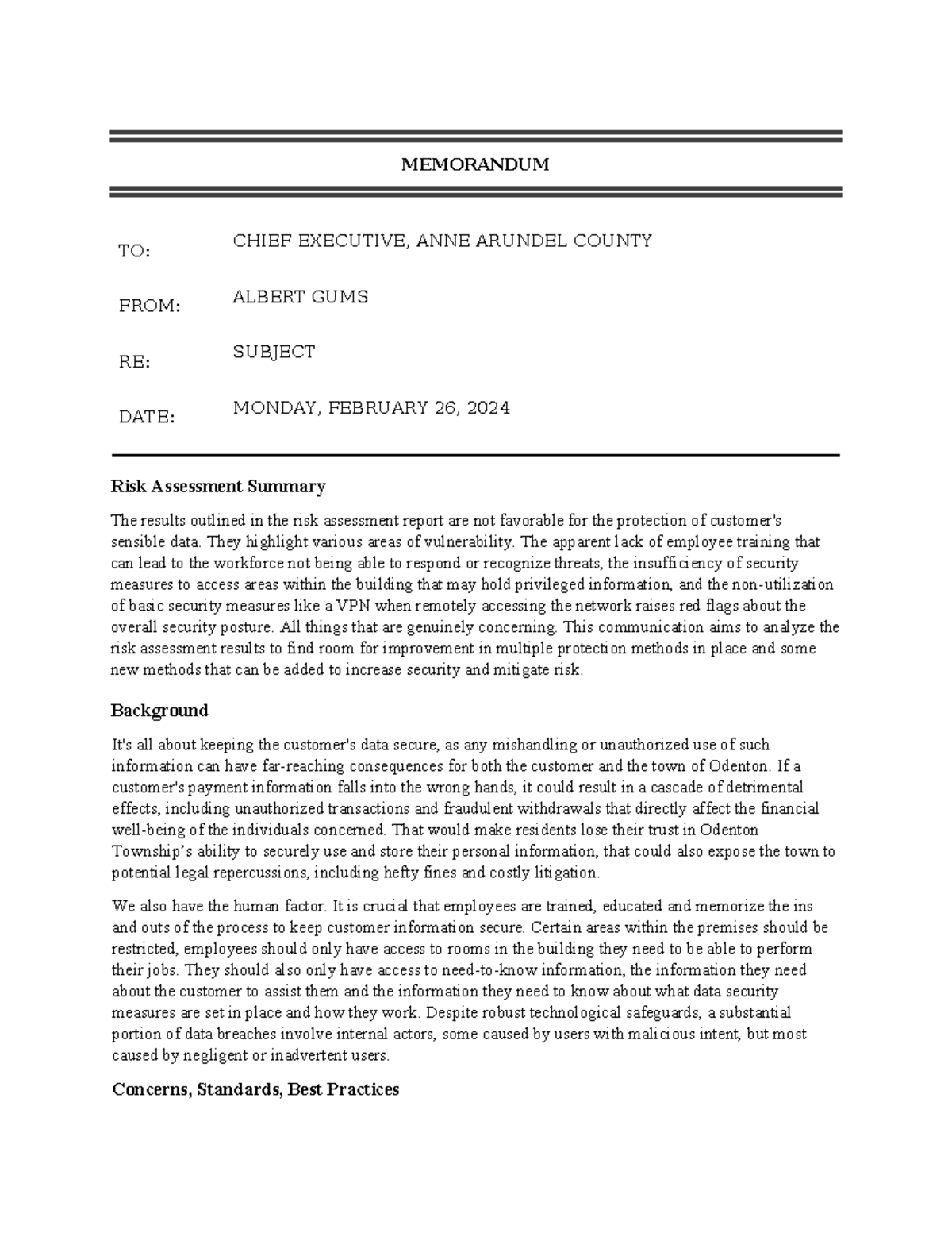 Data Security Risk Assessment Memo for Anne Arundel County - Studocu