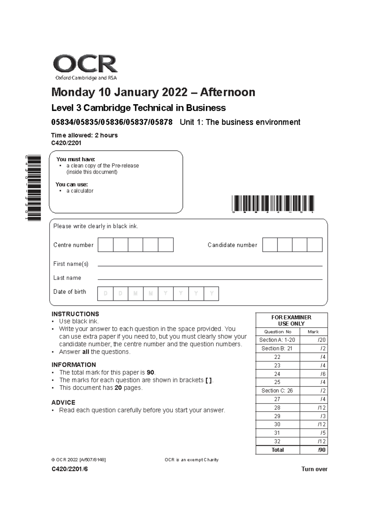 OCR Level 3 Cambridge Technical in Business Unit 1 Exam Paper - Jan ...