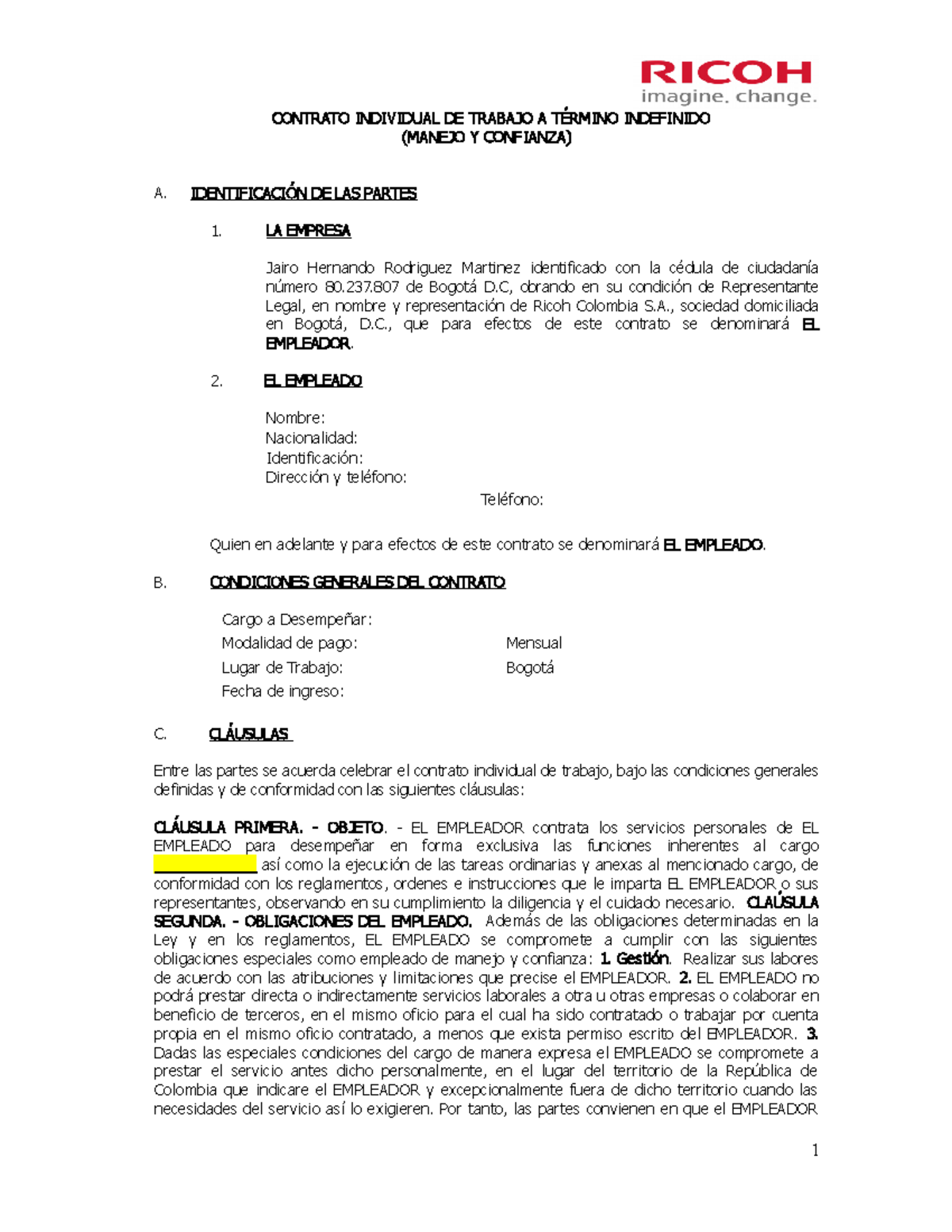 Modelo de Contrato de Trabajo (Manejo y Confianza) - Studocu