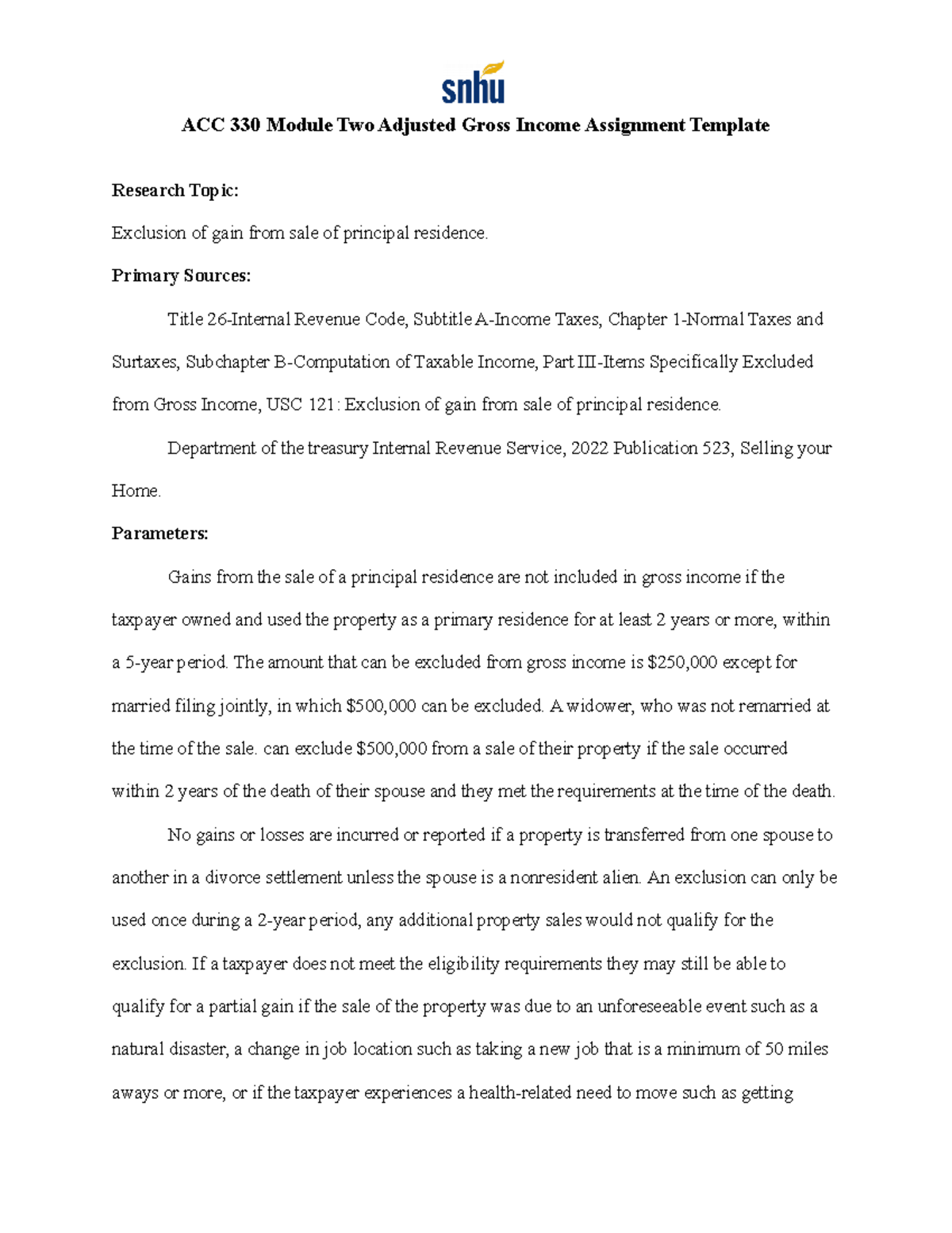 ACC 330 AGI Calculation Assignment: Exclusion of Home Sale Gains - Studocu