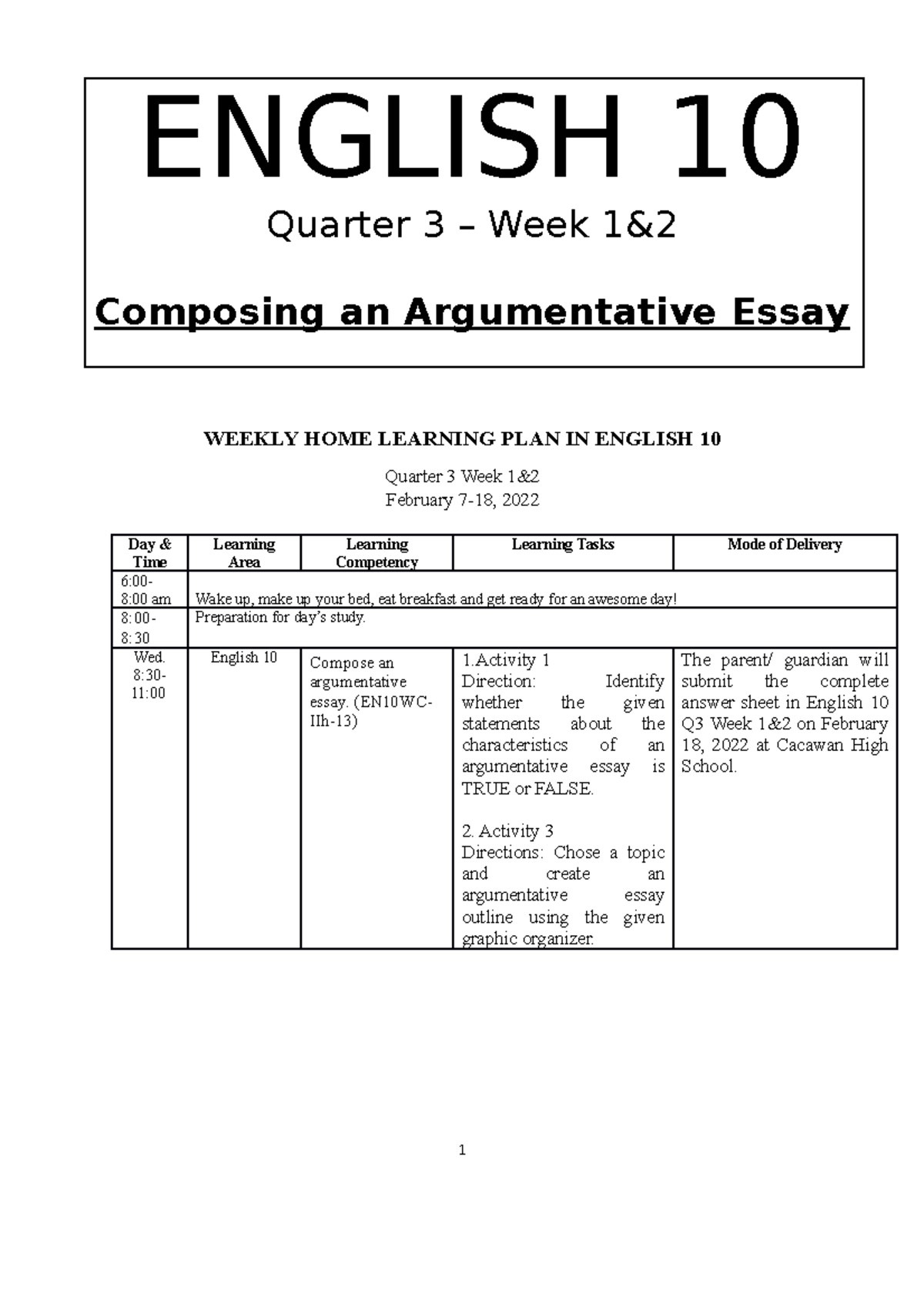 English 10 Q3 Week 1-2: Argumentative Essay Learning Plan - Studocu