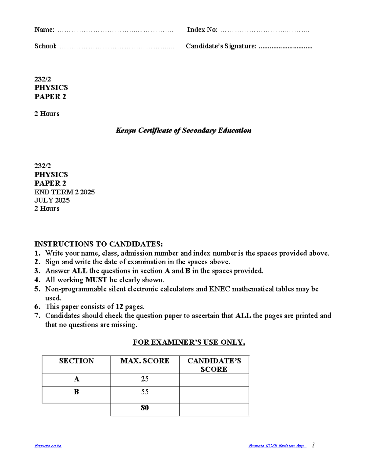 KCSE Physics Paper 2 Questions - July 2025 Exam - Studocu