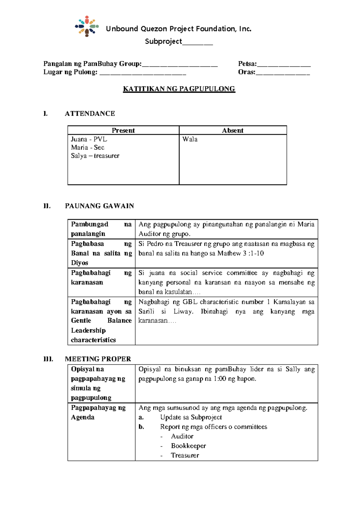 Minutes Template for PamBuhay Group Meeting (Tagalog Sample 1) - Studocu