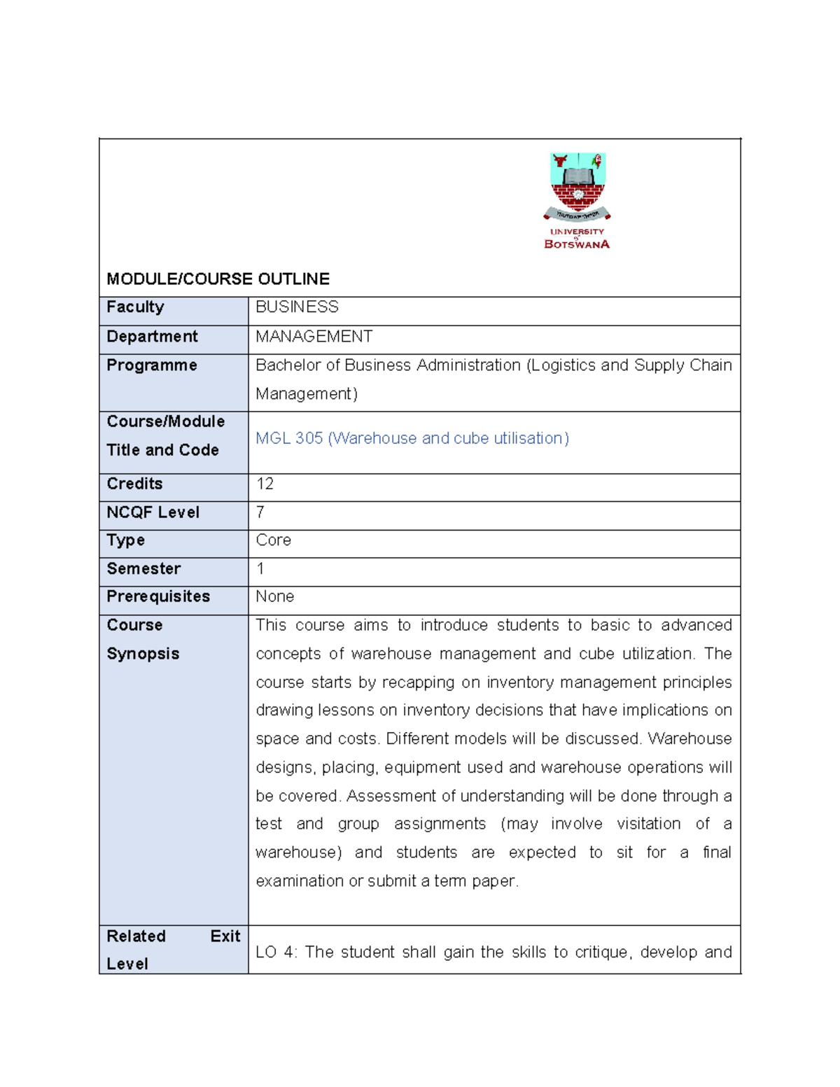 Course Outline: Warehouse and Cube Utilisation MGL 305 - Studocu