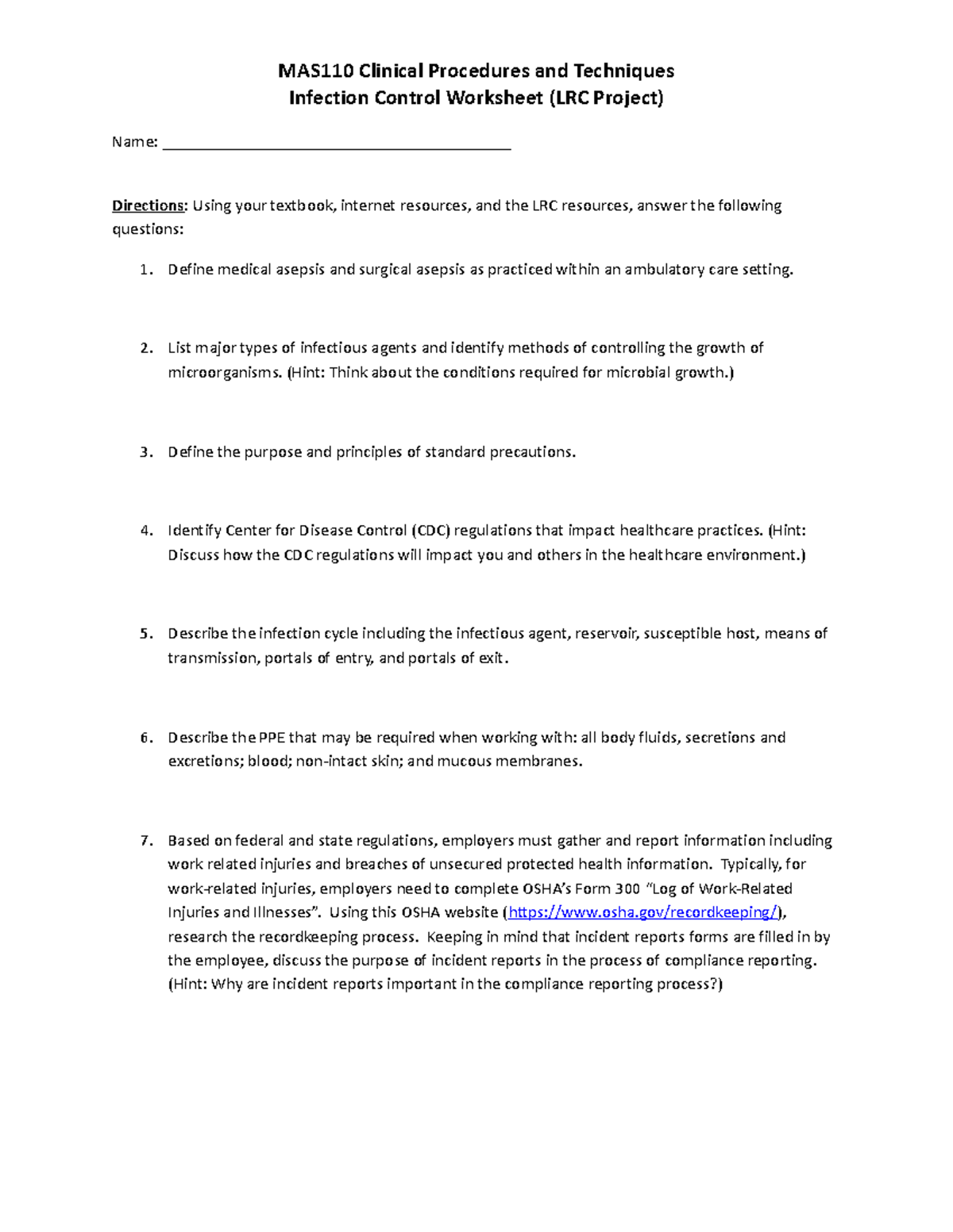 MAS110 Infection Control Worksheet - Week 1 Clinical Procedures - Studocu
