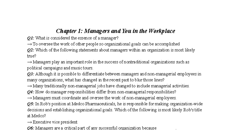 Chapter 1: Managers and You in the Workplace - Key Concepts and ...