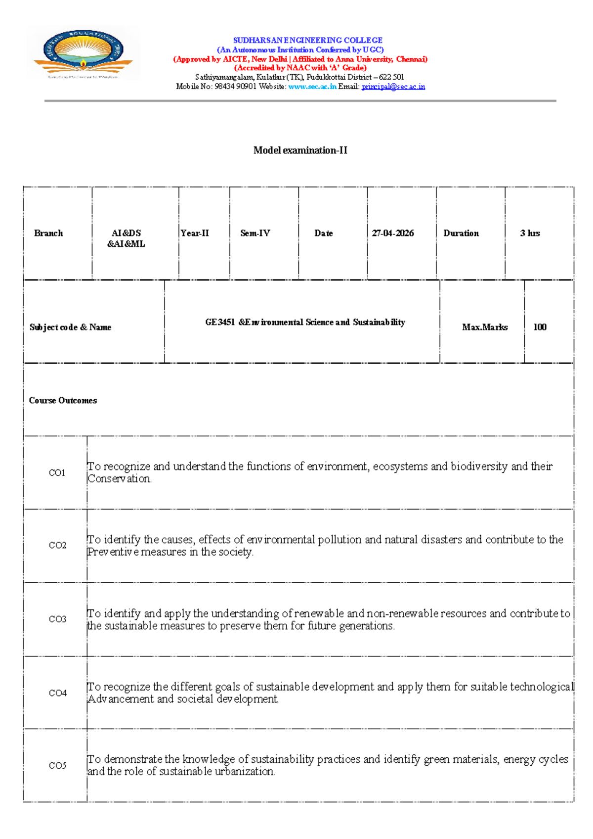 GE3451 Science and Sustainability Model Question Paper - Studocu