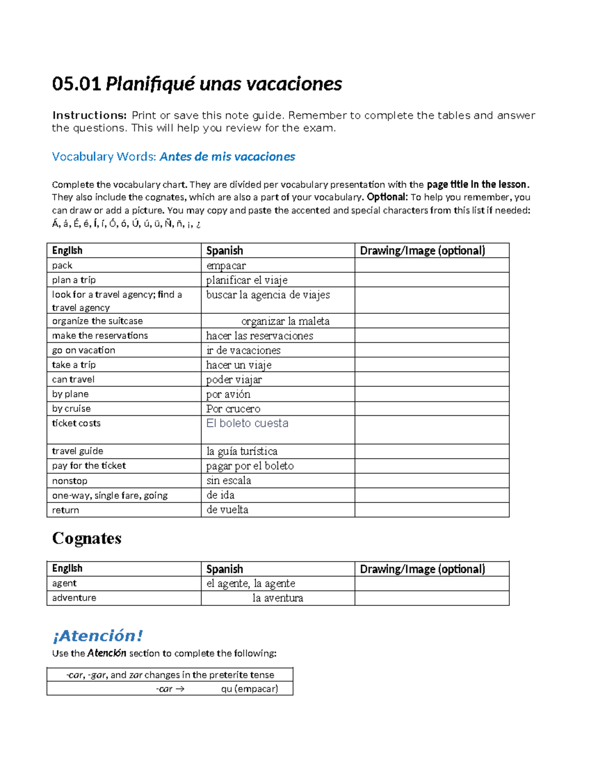 05.01 Notes: Planning a Vacation - Vocabulary & Grammar Guide - Studocu