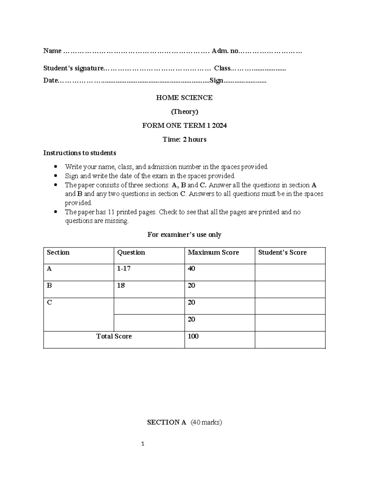 Form 1 Home Science - Term 1 2024 Theory Question Paper - Studocu