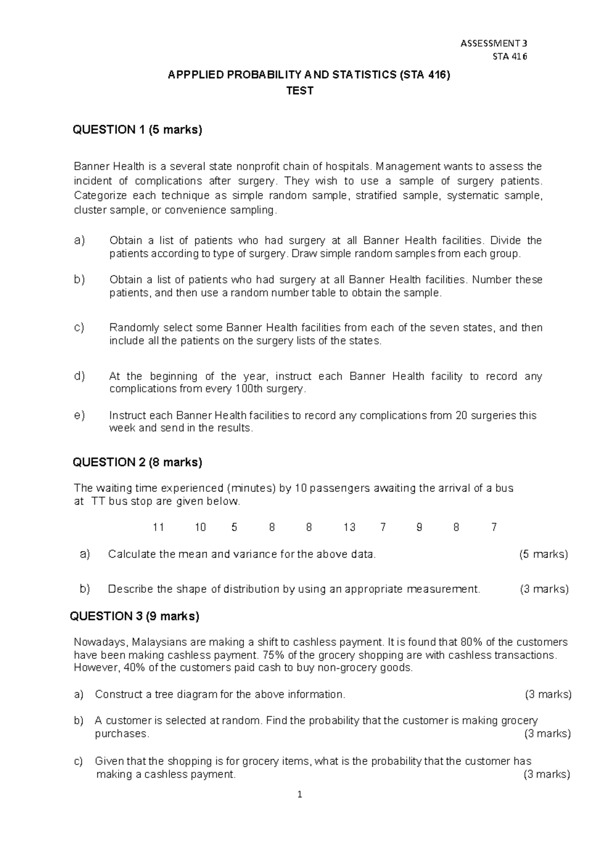 JUN25 TEST STA 416 - Probability & Statistics Practice Questions - Studocu