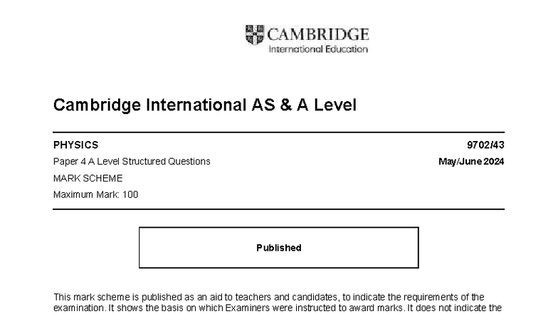 Cambridge International AS A Level PHYSICS 9702/24 Mark Scheme 2024 ...