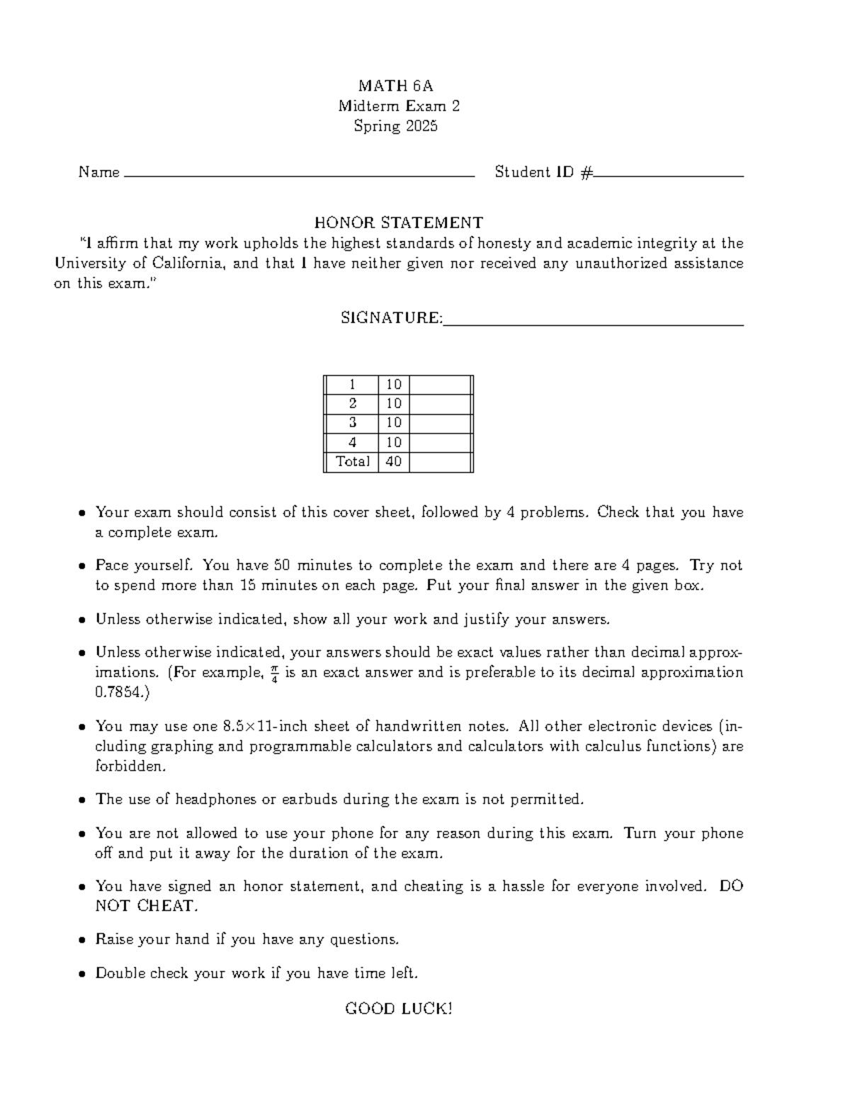 MATH 6A Midterm Exam 2 Practice Spring 2025 - Studocu