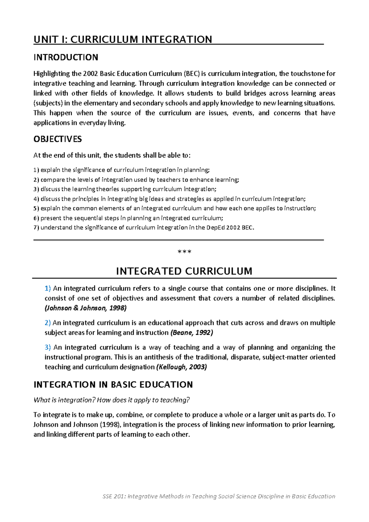 SSE 201: Curriculum Integration in Basic Education Overview - Studocu