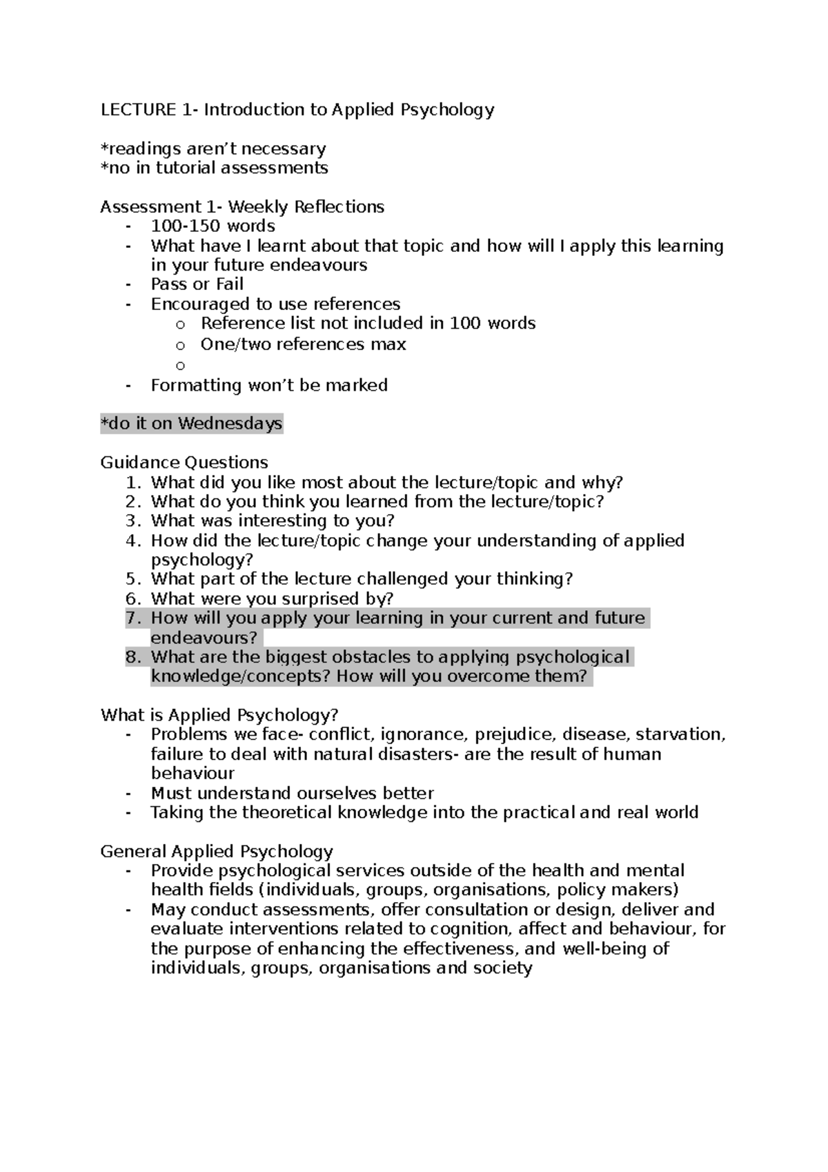 PSYC3034 - Applied Psychology Lecture Notes and Reflections - Studocu