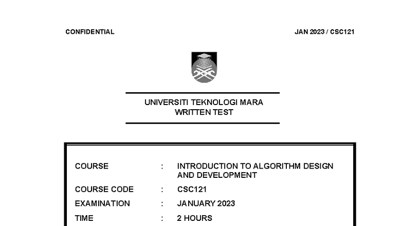 CSC121 Written Test: Introduction to Algorithm Design (Jan 2023) - Studocu
