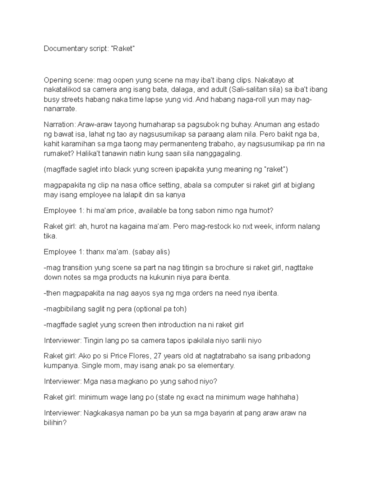 Documentary Script: "Raket" - Exploring Life's Hustle for Survival ...