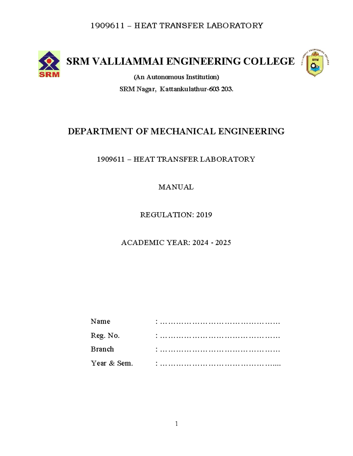 1909611 Heat Transfer Laboratory Manual: Safety & Experiments Guide ...
