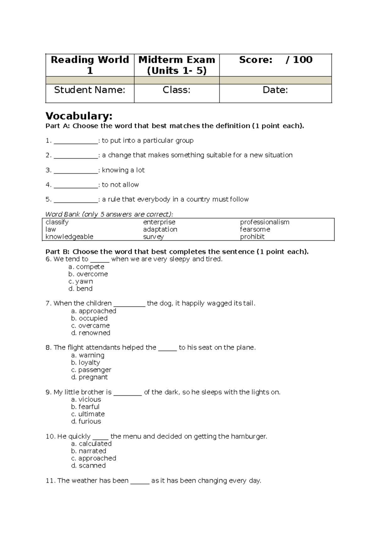 Reading World 1 Midterm Exam: Vocabulary & Comprehension - Studocu
